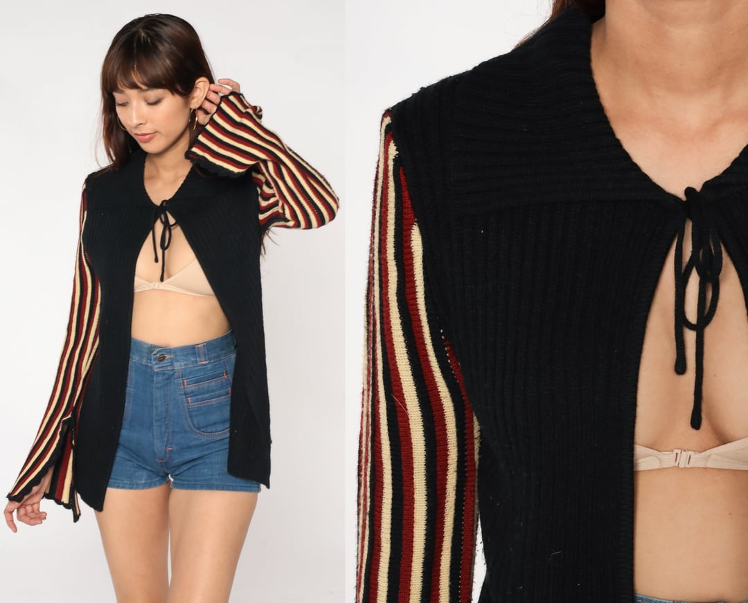70s Cardigan Top Black Striped Open Front Sweater Bohemian Tie | Shop Exile | Tucson, AZ