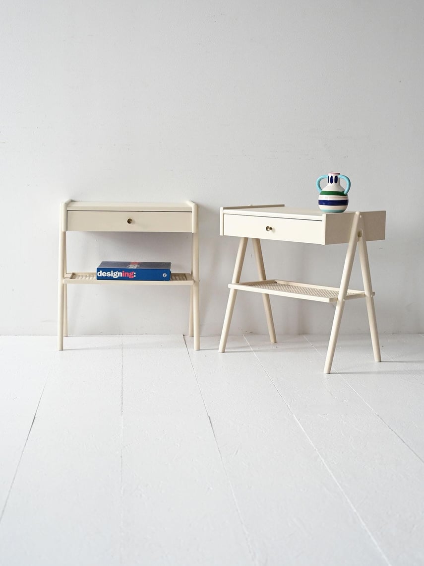 Pair of 1960s Scandinavian White Nightstands with Painted Cane Shelf ...