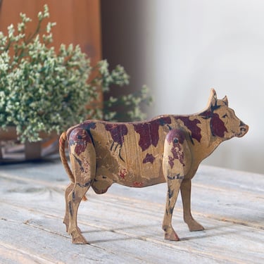 Vintage wooden cow toy / hand painted wood jointed cow / farm ...