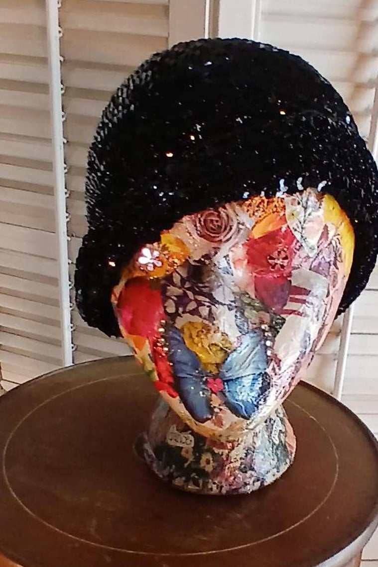 Rare 1970s HALSTON Glossy Black Sequin Skull Cap Cloche / S ...