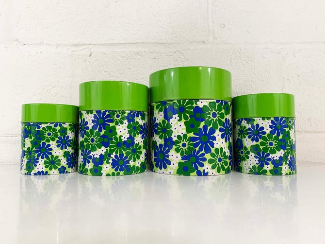 Vintage Flower Power Kitchen Canister Set of Four Green Blue | Check ...