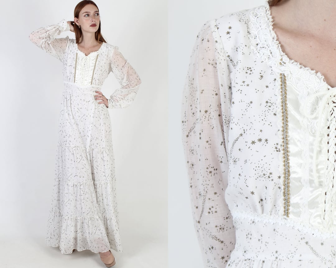 Vintage 70s Cosmic PrairieCore Dress, White Lace Up Corset Maxi, 1970 ...