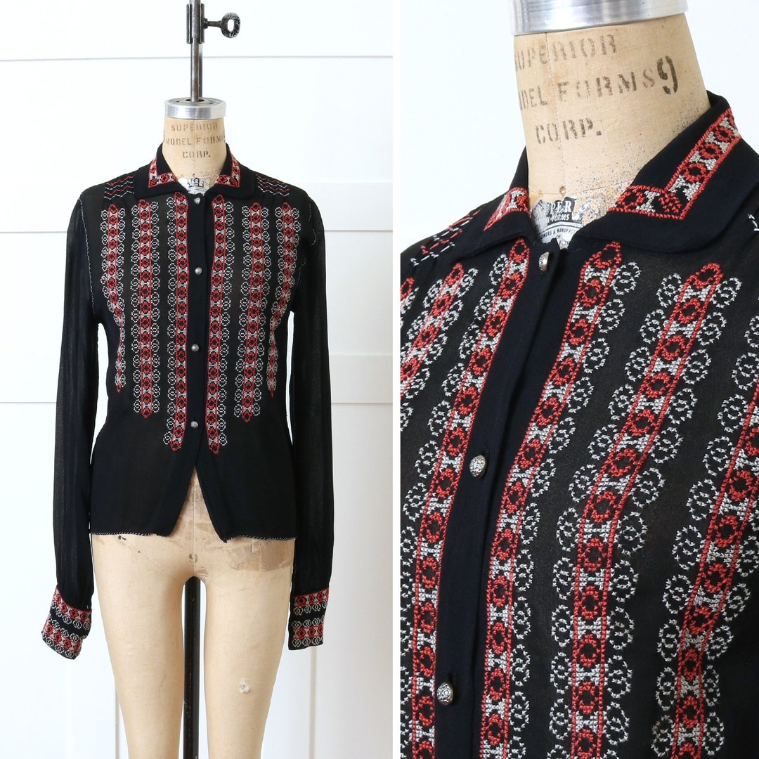 vintage 1930s bohemian embroidered blouse • sheer black chiffon long ...