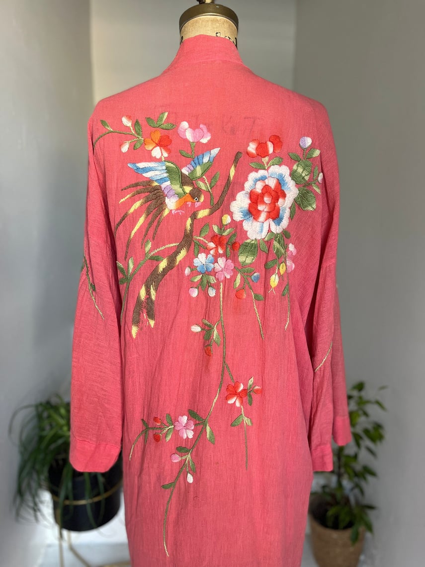 1920s Hand Embroidered Cotton Robe Birds and Flowers Boudoir Antique ...