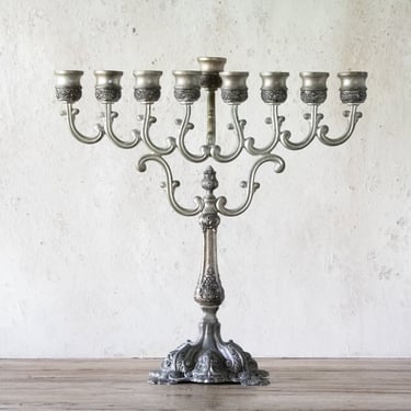 Tall Vintage Menorah, Large Pewter Hanukkah Menorah, 9 Branch Menorah ...