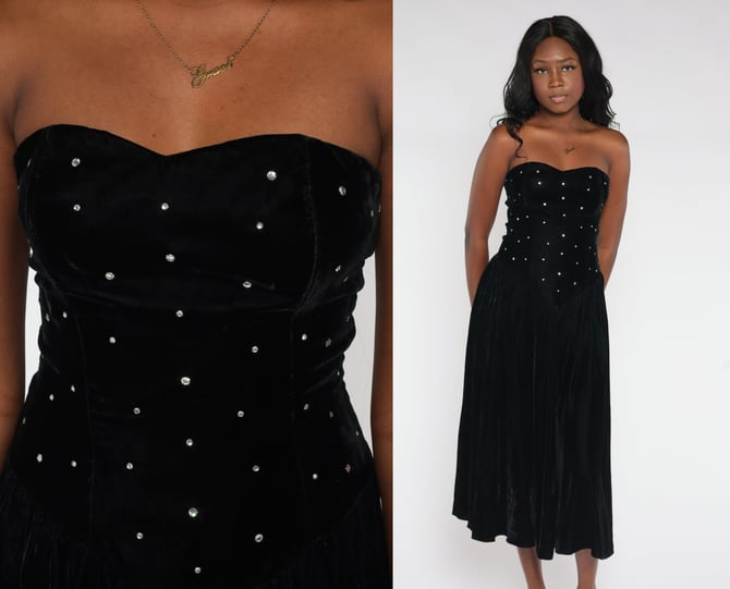 Black Velvet Party Dress 80s Strapless Beaded Rhinestone Midi Dress ...