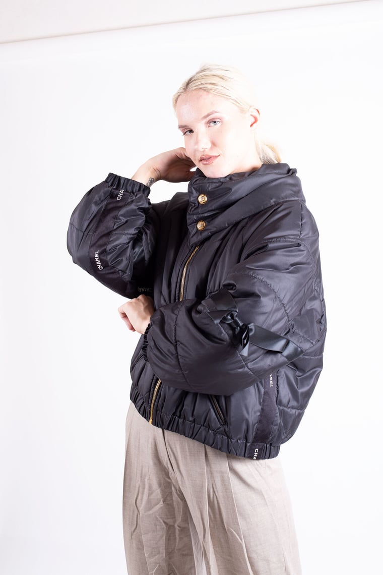 Vintage CHANEL F/W 1996 Black Silk Puffer Jacket with Gold Vintage CHANEL F/W 1996 Black Silk Puffer Jacket with Gold