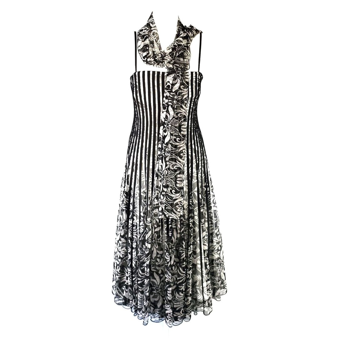Cache Formal Dress Prom Striped Black White Layered Mesh Floral ...