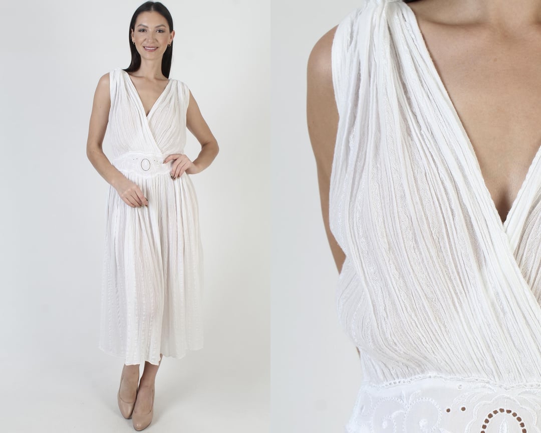 White Grecian Wrap Dress, Thin Cotton Gauze Sundress, Sheer Floral ...