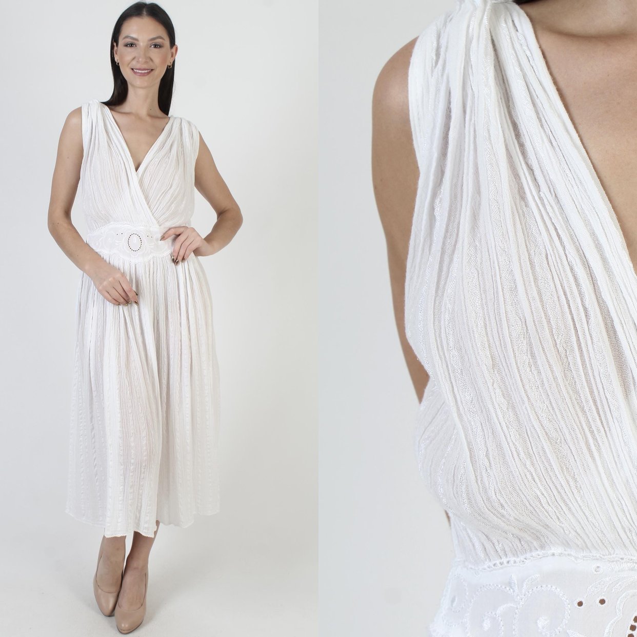 White Grecian Wrap Dress, Thin Cotton Gauze Sundress, | American ...