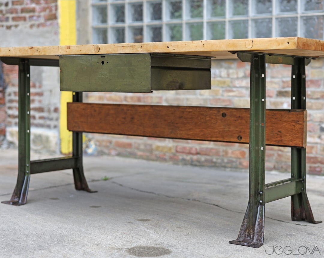 restored vintage industrial workbench—thick top on Hallowell legs with ...