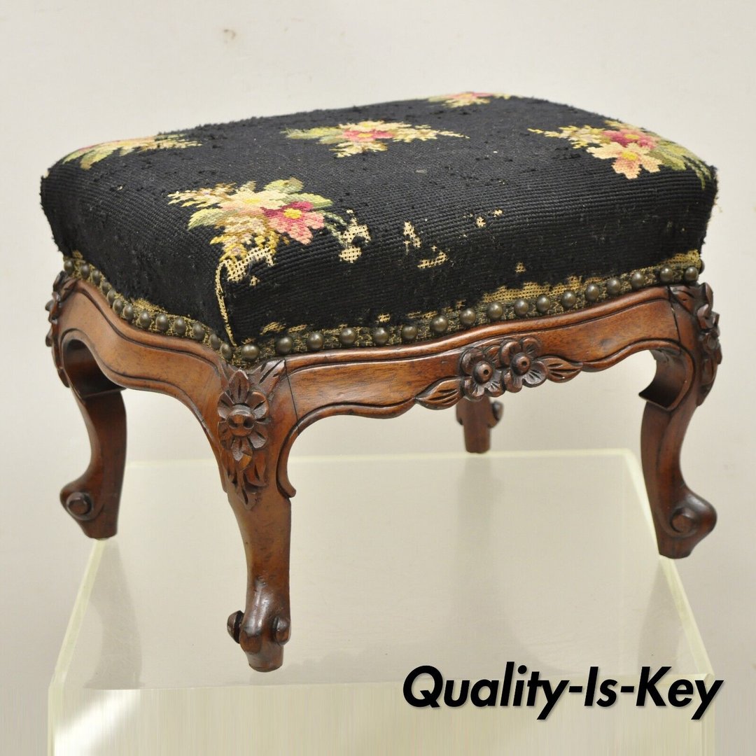 Antique Colonial Furniture Mahogany Needlepoint Footstool Ottoman Stool ...
