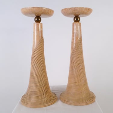 1970s Tropical Modern Pair Tesselated Pink Marble & Reed Candleholders ...