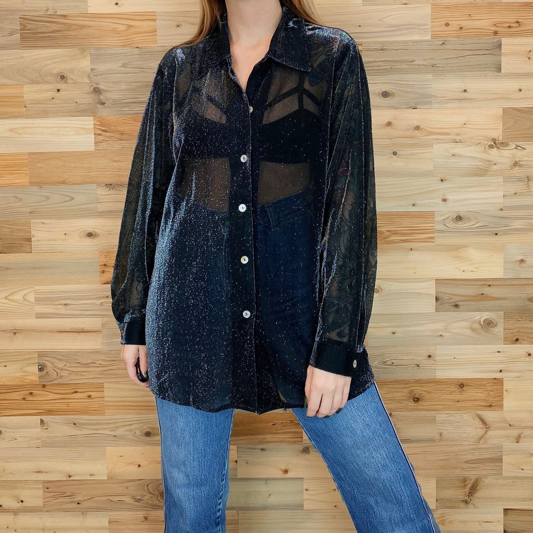 Vintage Chic Black Metallic Sheer Mesh Shirt Top | Noteworthy Garments ...