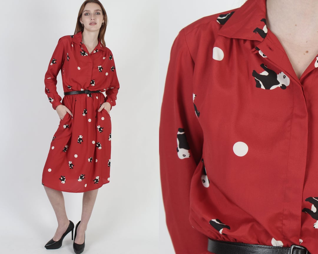 80s Red Panda Print Secretary Mini Dress, Animal Print Office ...