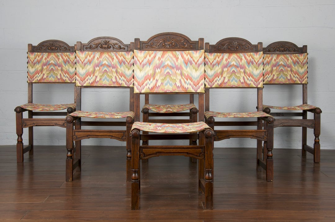 Antique Spanish Colonial Style Oak Dining Chairs W/ Multicolor Fabric ...