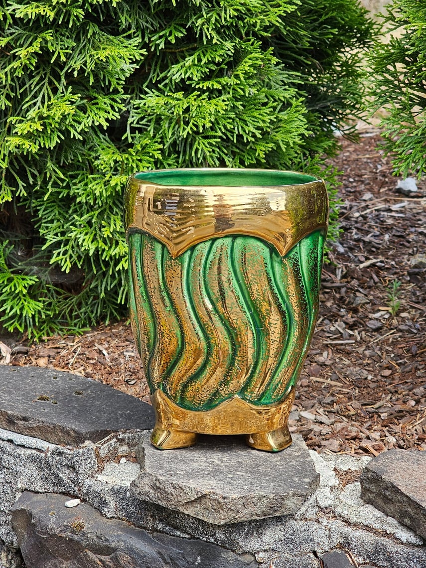 Hollywood Regency Pottery Vase Emerald Green and Gold | OrWa Designs ...