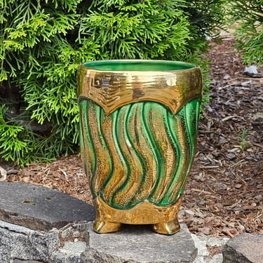 Hollywood Regency Pottery Vase Emerald Green and Gold | OrWa Designs ...