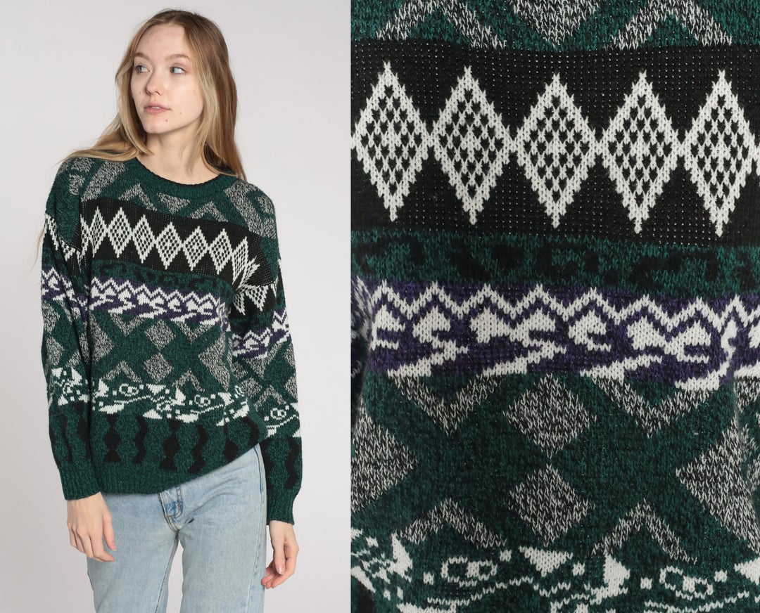 90s Geometric Sweater 80s DIAMOND Print Green Jacquard Knit Jumper ...