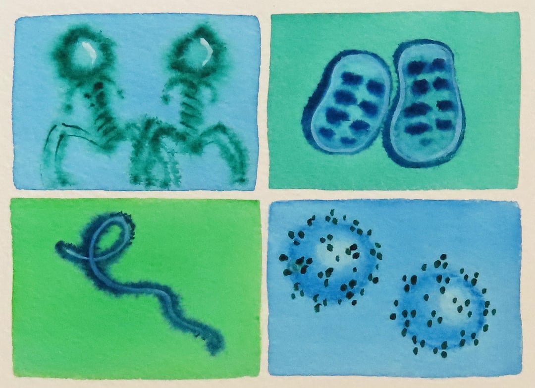 Blue and Green Viruses - original watercolor painting - microbiology ...