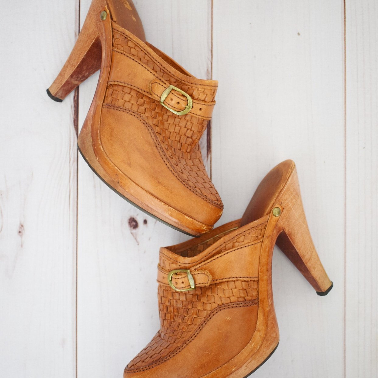 1970s High Heel Wood + Leather Clogs | US 8/8 1/2 | Vintage 70 | We ...