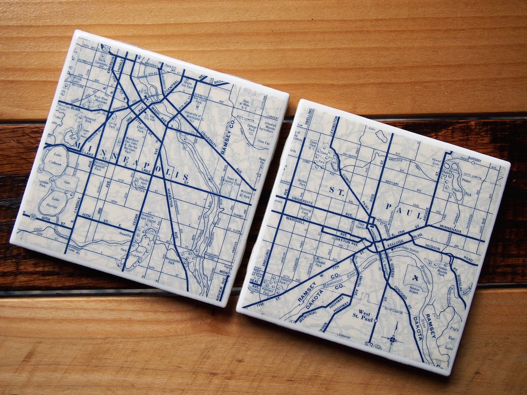 1954 Minneapolis St Paul Minnesota Map Coaster Set of 2. St Paul | All ...