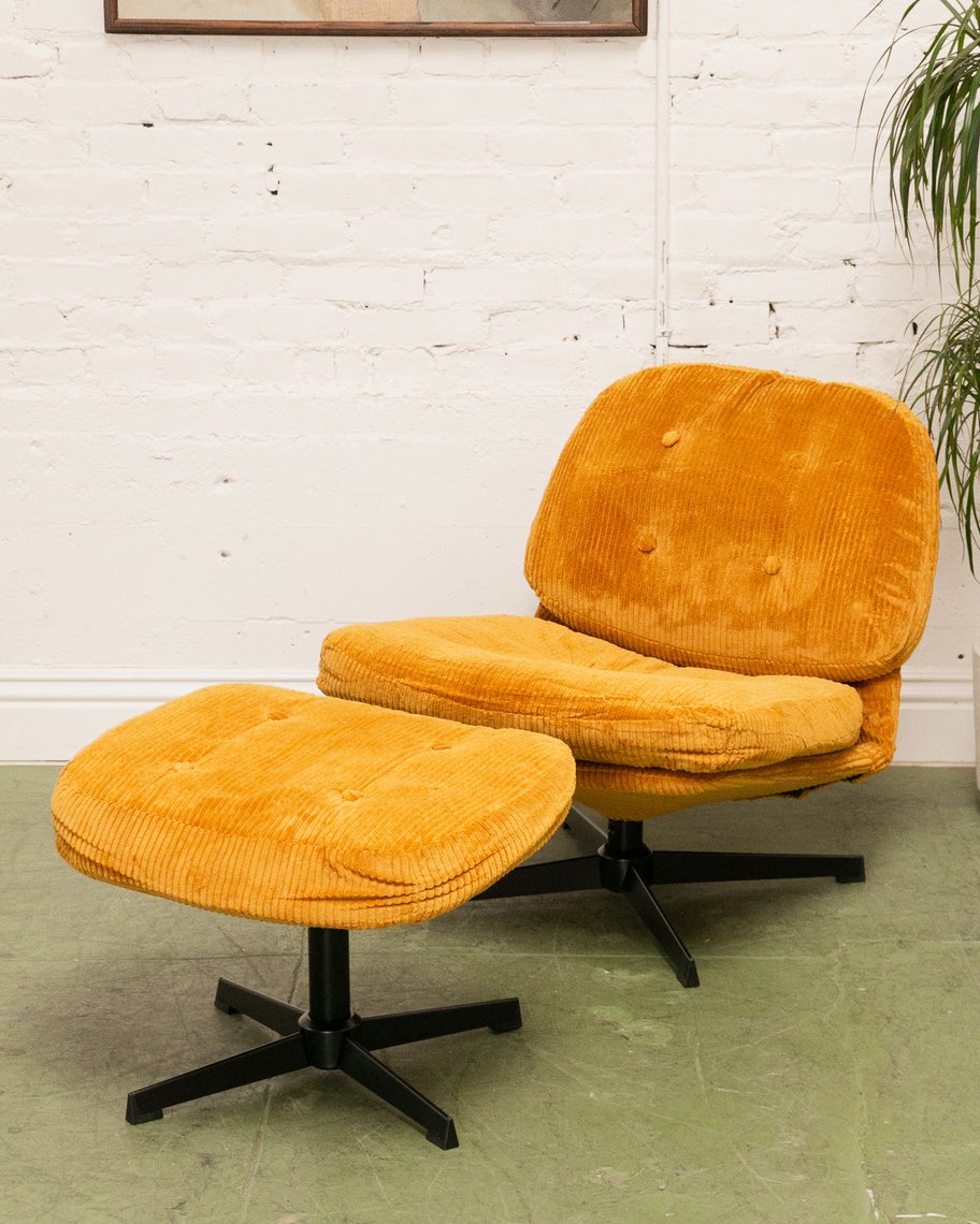 Mustard Corduroy Low Profile Swivel Chair and Ottoman | Sunbeam Vintage ...
