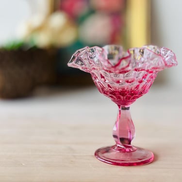 1960 Fenton Art Glass Pink Ruffled Thumbprint Pedestal Candy Dish ...