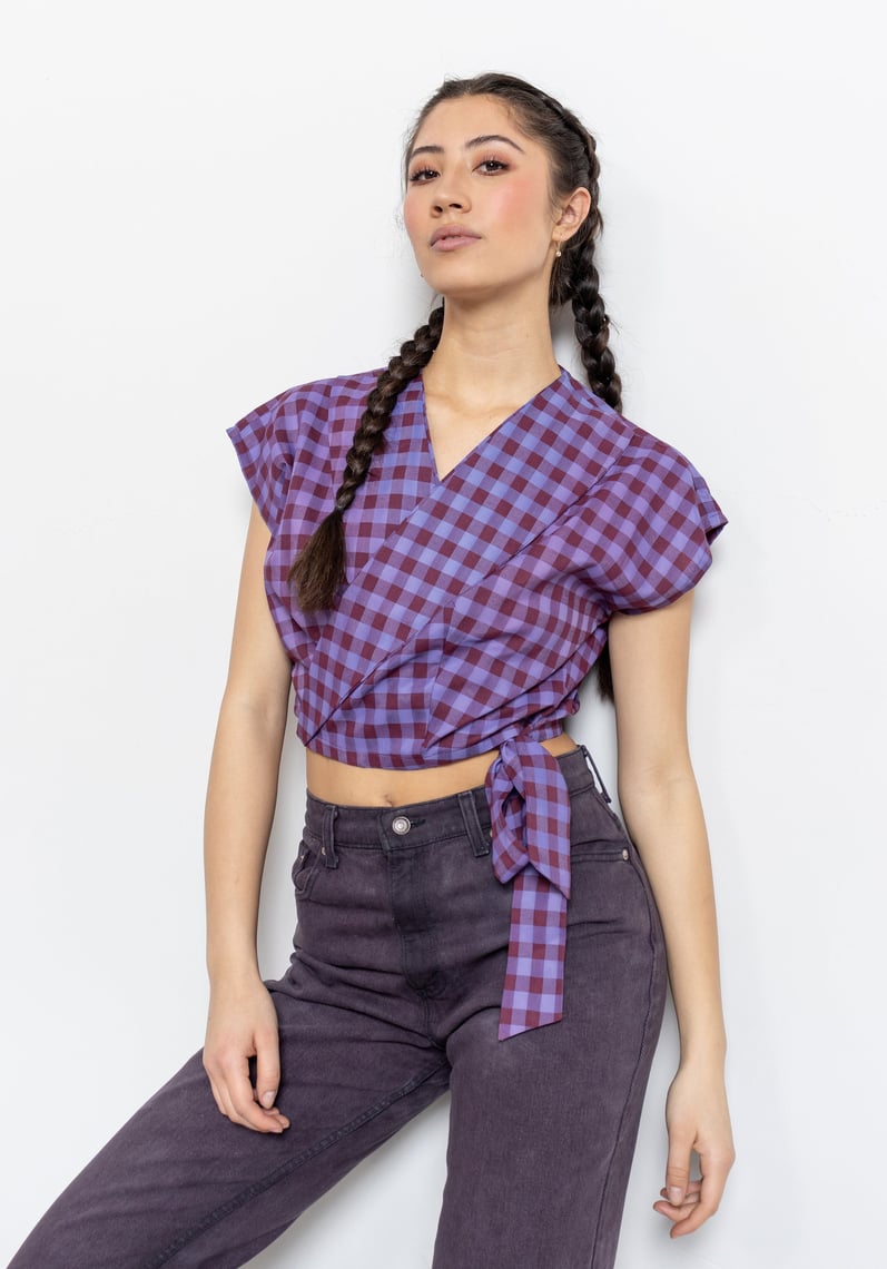 CHECKERED CROP TOP Wrap Blouse Vintage Short Cap Sleeves Purple ...