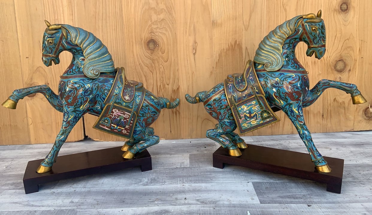 Antique Chinese Cloisonné War Horse Sculptures on Mahogany | Vintage ...