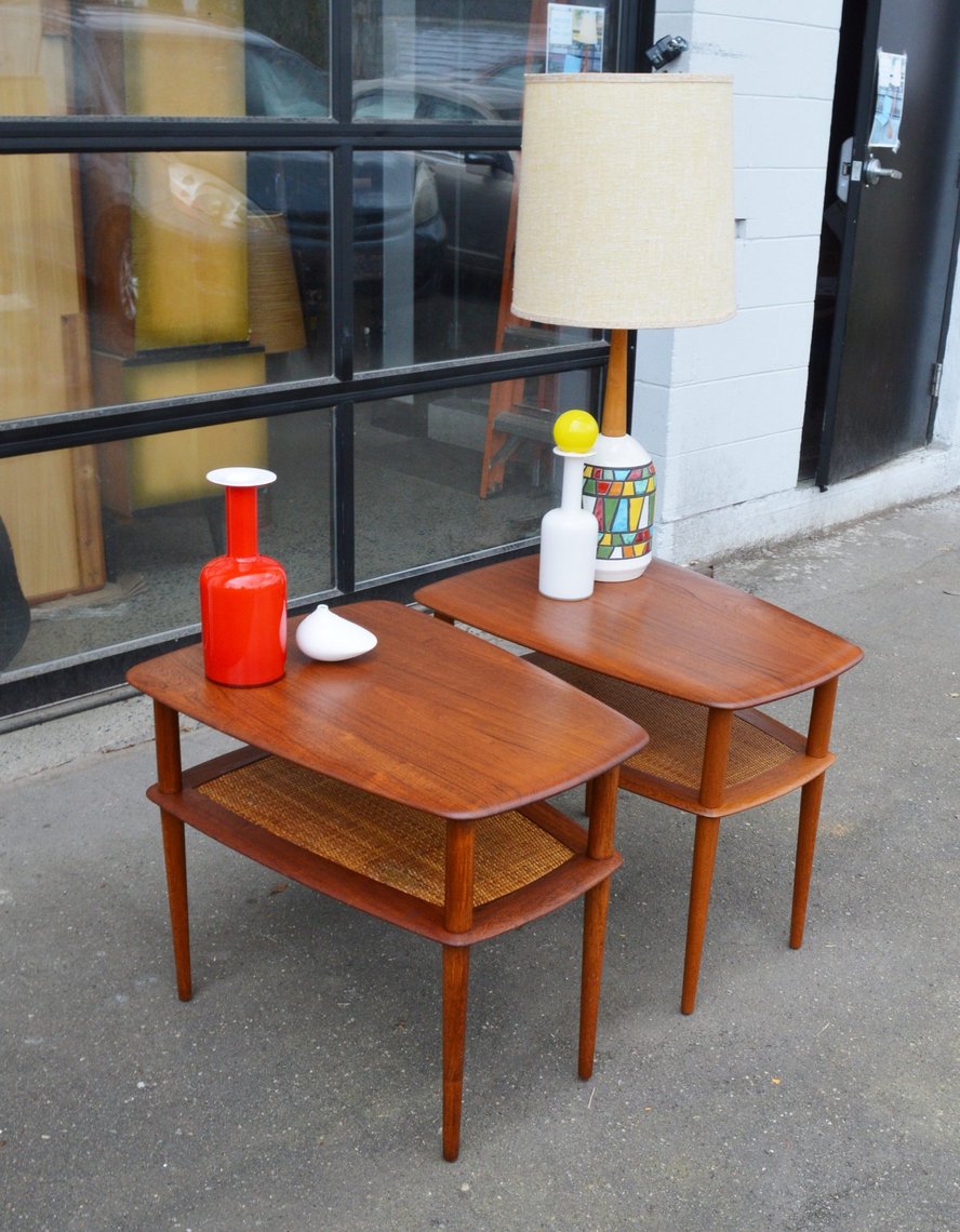 Two Solid Teak Trapezoidal Side Tables w/ Shelves by Hvidt & | Mid ...