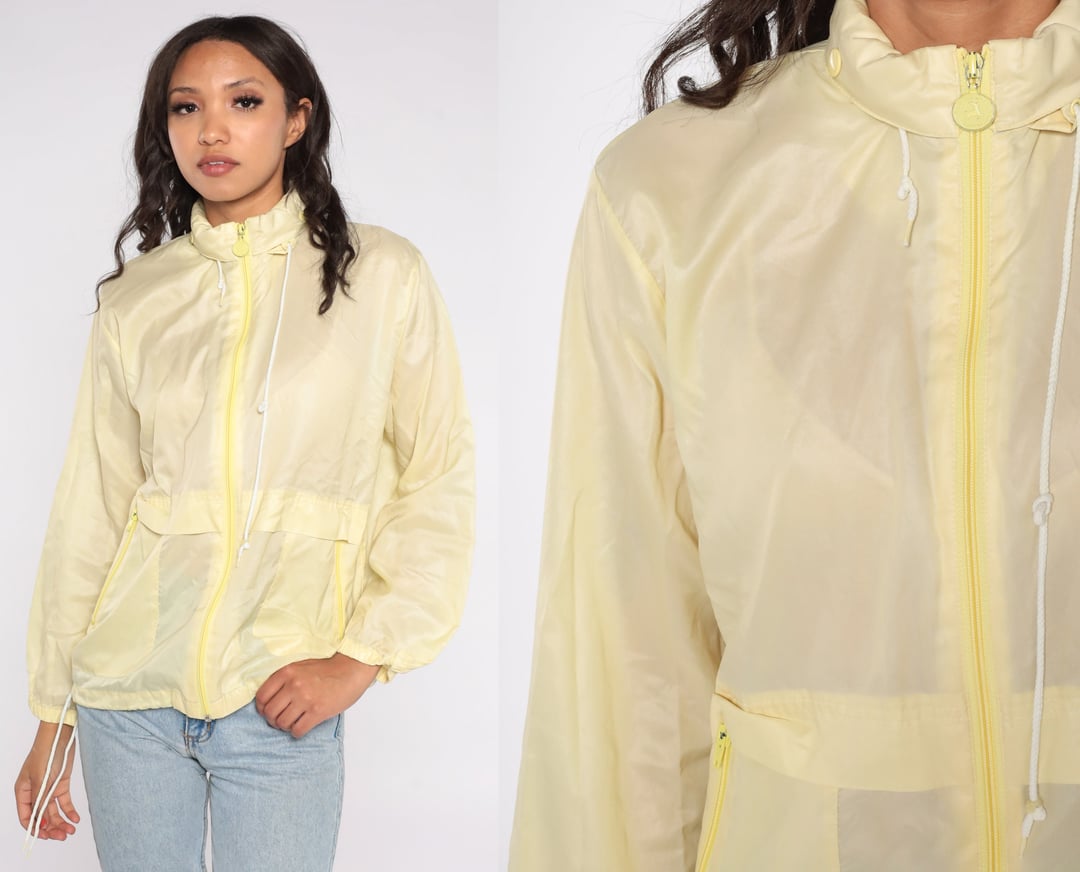 Yellow Windbreaker Jacket 90s Sheer Nylon Jacket Funnel Neck Jacket ...