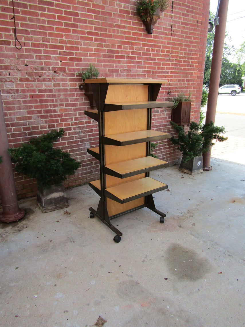 Vintage MCM steel and birch plywood rolling adjustable shelved bookcase ...