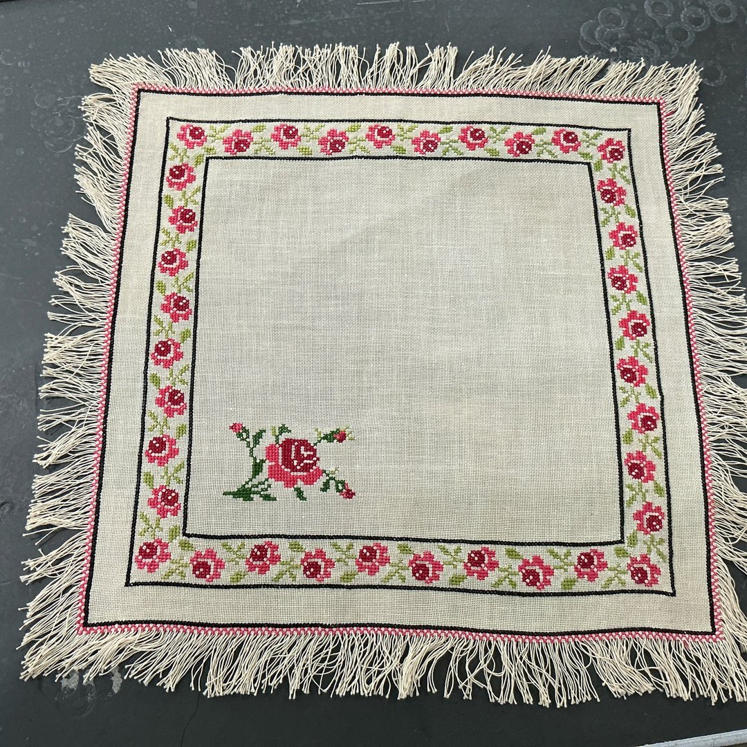Rose embroidered table square w/ fringe | The Lucky Pig | Atwater Village - Los Angeles, CA