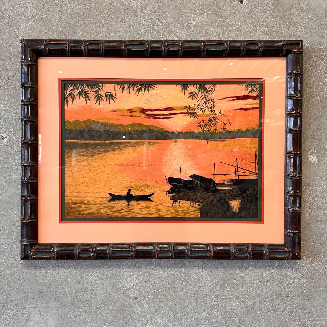 Vintage Pinoy String Art Painting - Sunset Canoe Boats Needlepoint ...
