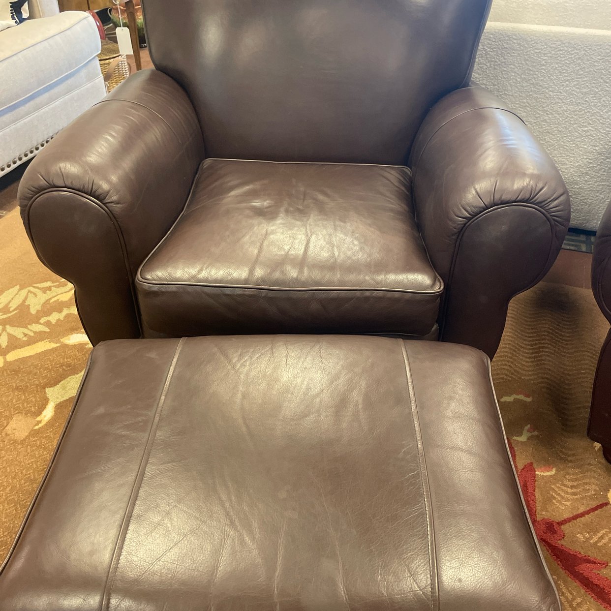 Manhattan Leather Roll Arm Chair and Ottoman from | Turn the Tables ...