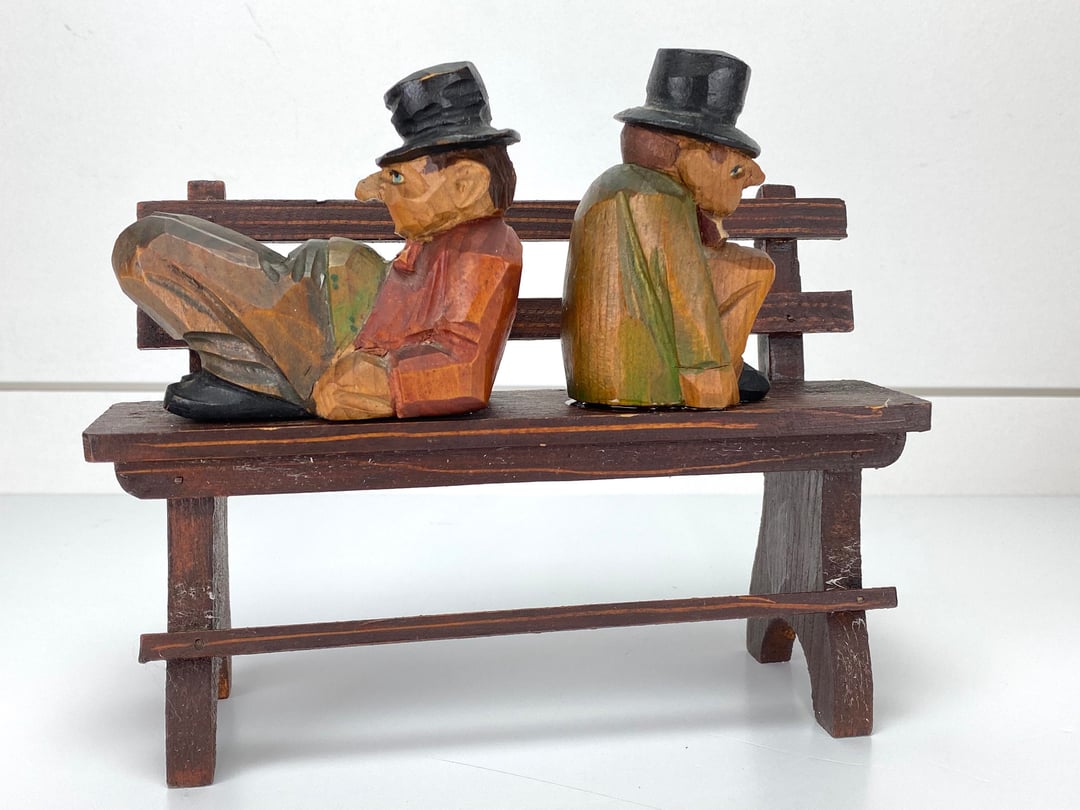 Vintage Hand Carved Wood Grumpy Men on Bench Anri Italy | House of ...