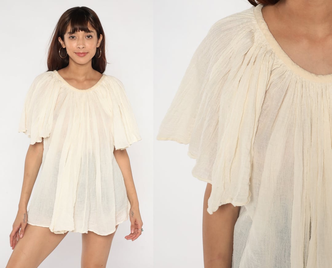 Gauze Peasant Top Cream Boho Blouse 80s Semi Sheer Flowy | Shop Exile | Tucson, AZ