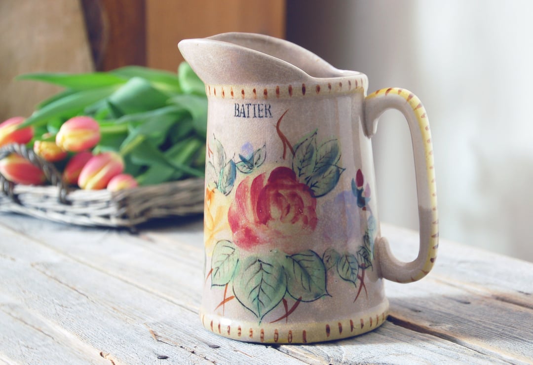 Vintage batter pitcher / painted floral stoneware pitcher / pancake ...