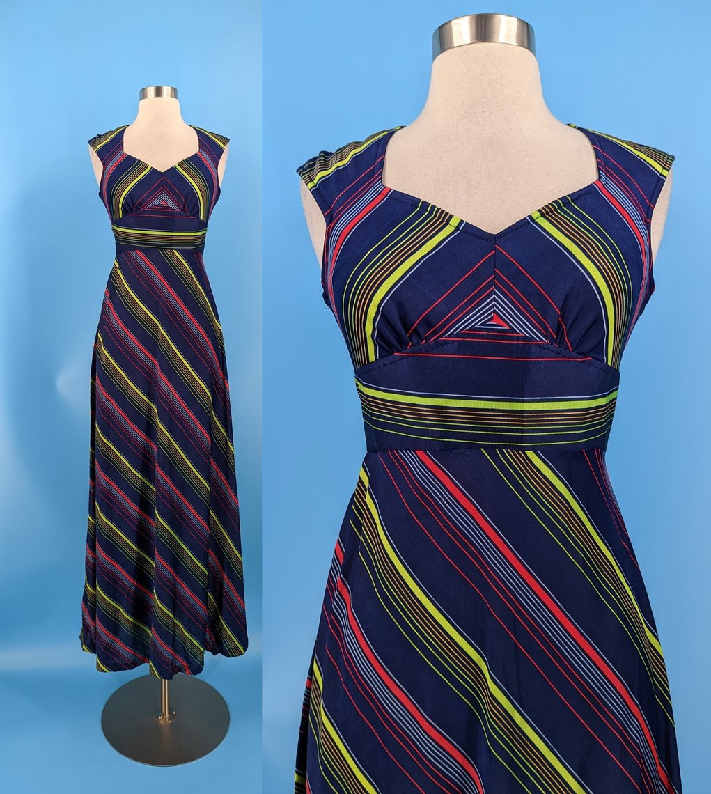 Vintage Seventies XS Cap Sleeve Striped Empire Waist Maxi Dress | Janet ...