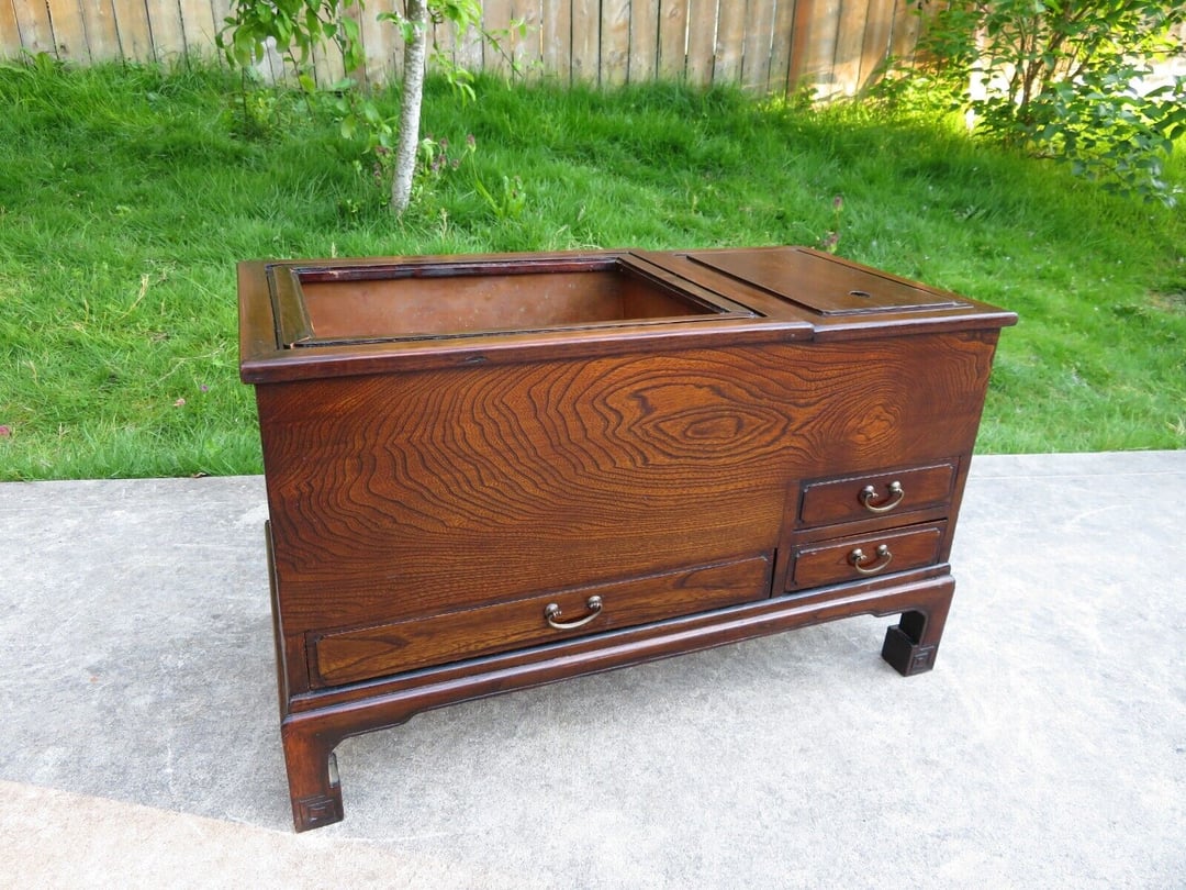 Antique JAPANESE 3 DRAWER HIBACHI Wood & Copper COFFEE TABLE / PLANTER ...