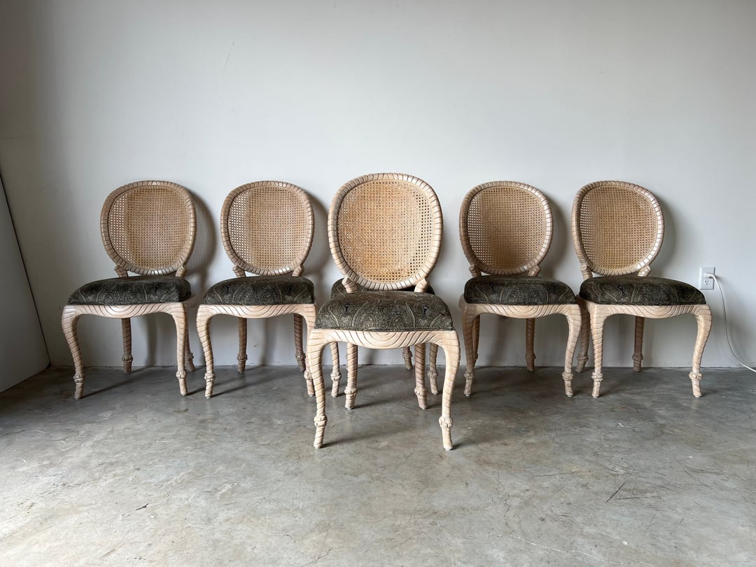 Palm Beach Wood Carved Rope and Tassel Chairs With Cane | Miami Vintage ...