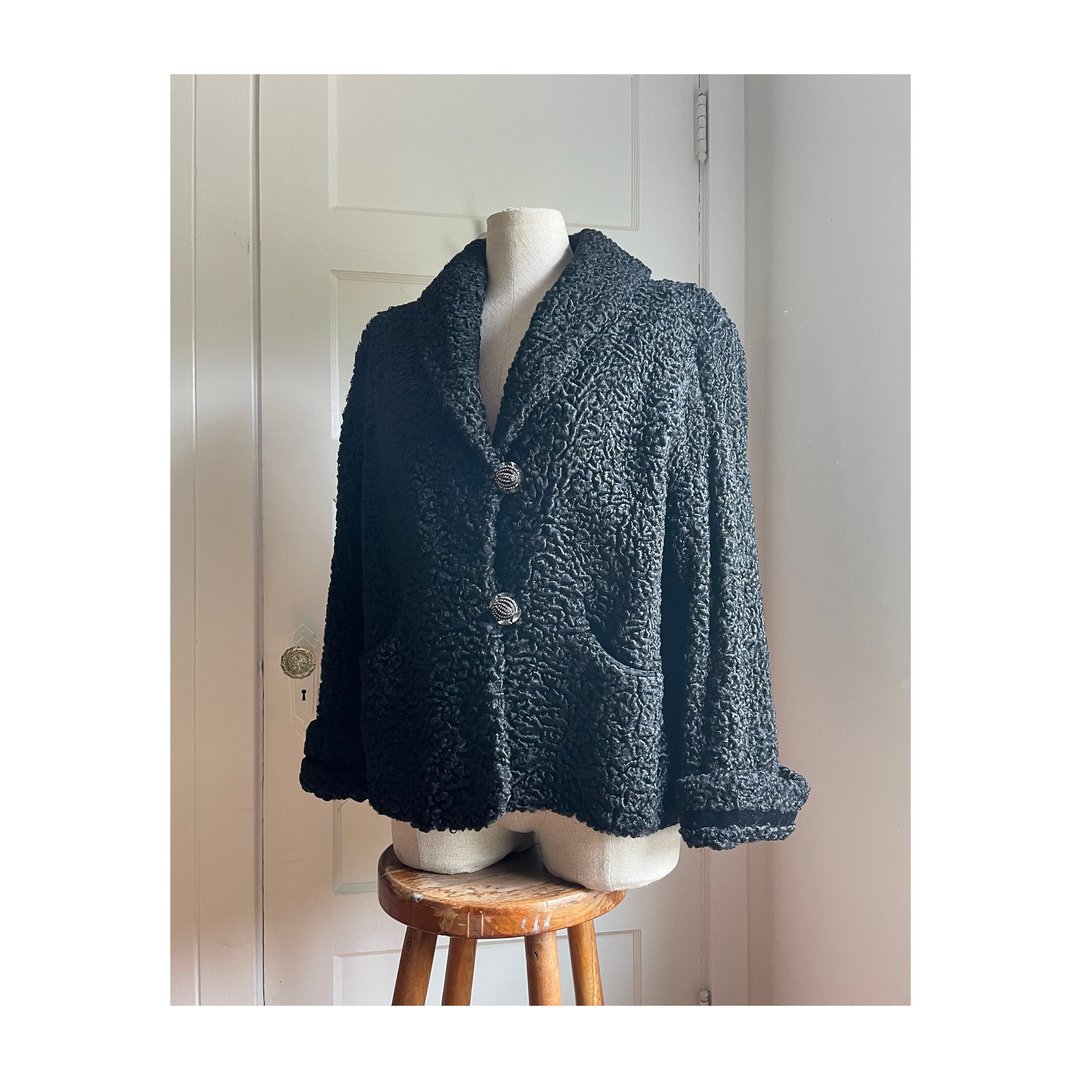 1950s Stunning Black Curly Lamb Cropped Swing Coat by George | Vee ...