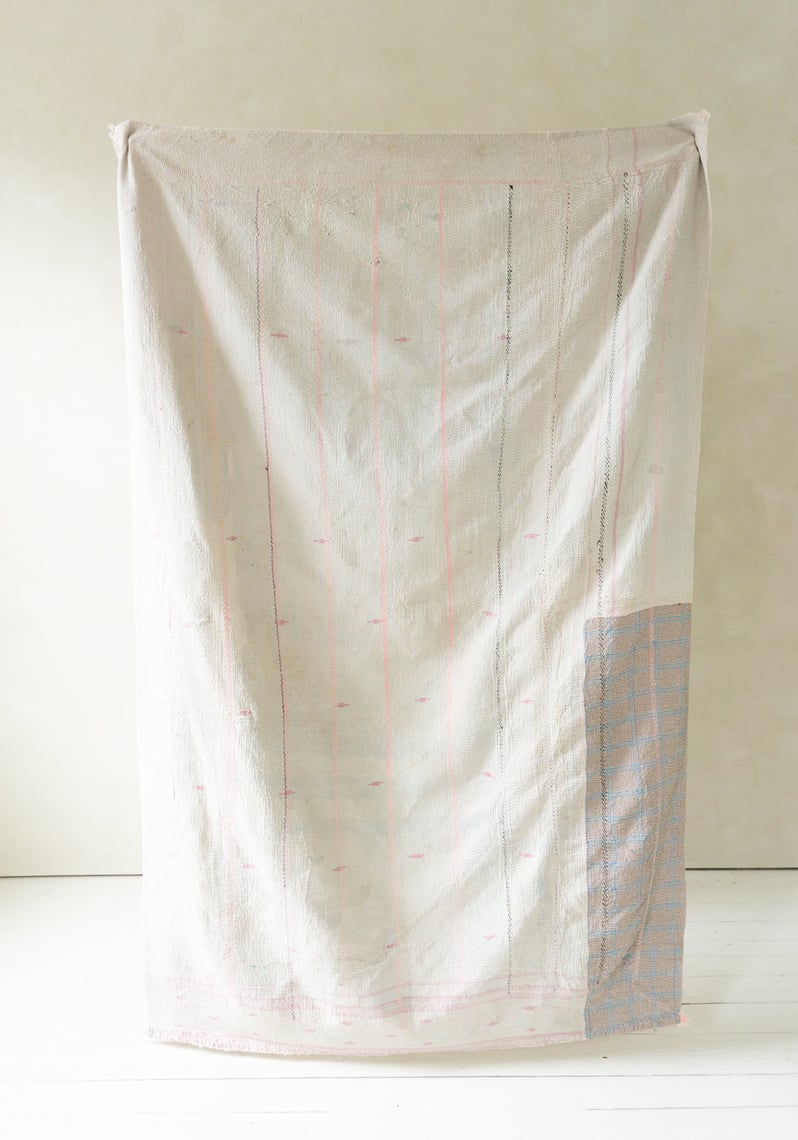 Vintage White Kantha Quilt with Pink Embroidery | Vestige | Fishtown ...