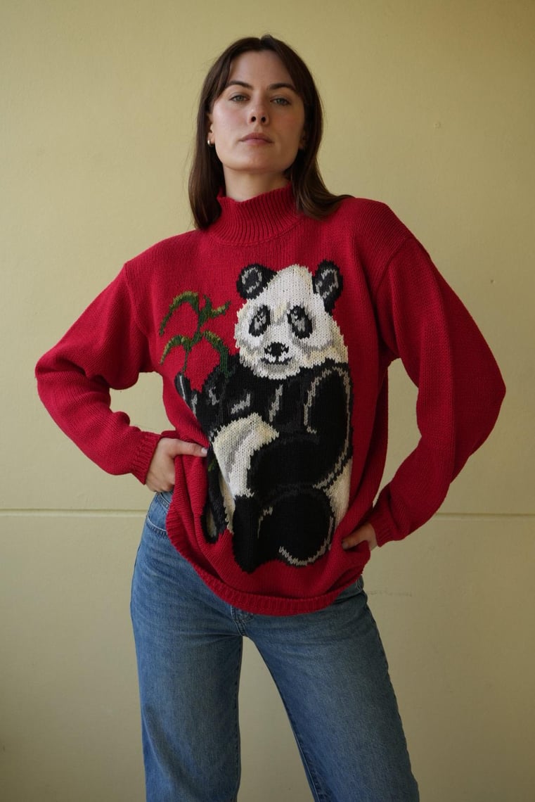 Vintage 1990's Panda Sweater / Hand Knit Intarsia Sweater / Mock Neck ...