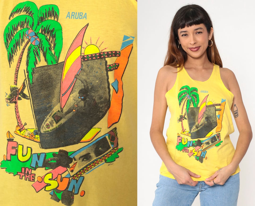 80s Aruba Tank Top Yellow Windsurfing Fun In The Sun | Shop Exile | Tucson, AZ