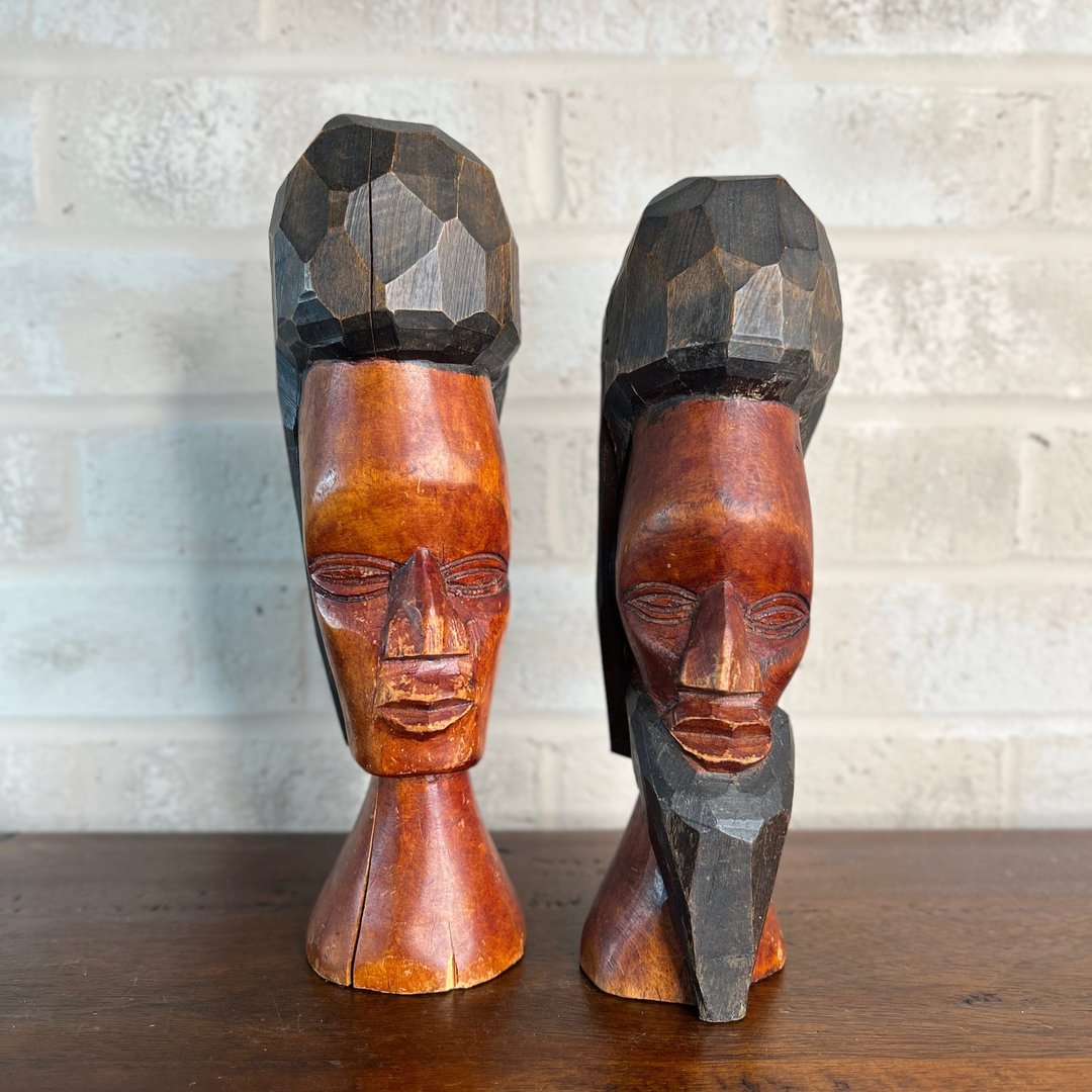 Rare 1970s Carvings: Vintage Wooden Man and Woman Head Statues | Good ...