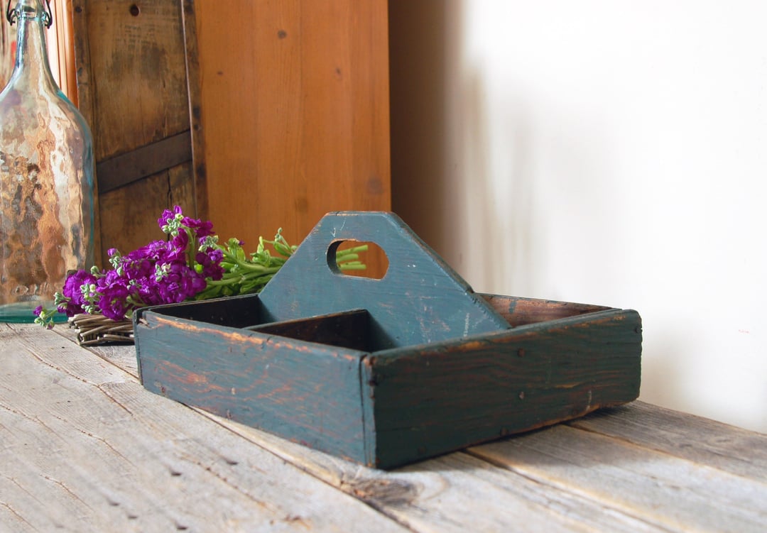 Antique wooden work box / green rustic tool box / vintage divided ...