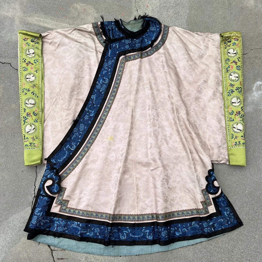 Antique Chinese Pink Silk Robe Embroidered Crabs Birds Cuffs Gold ...