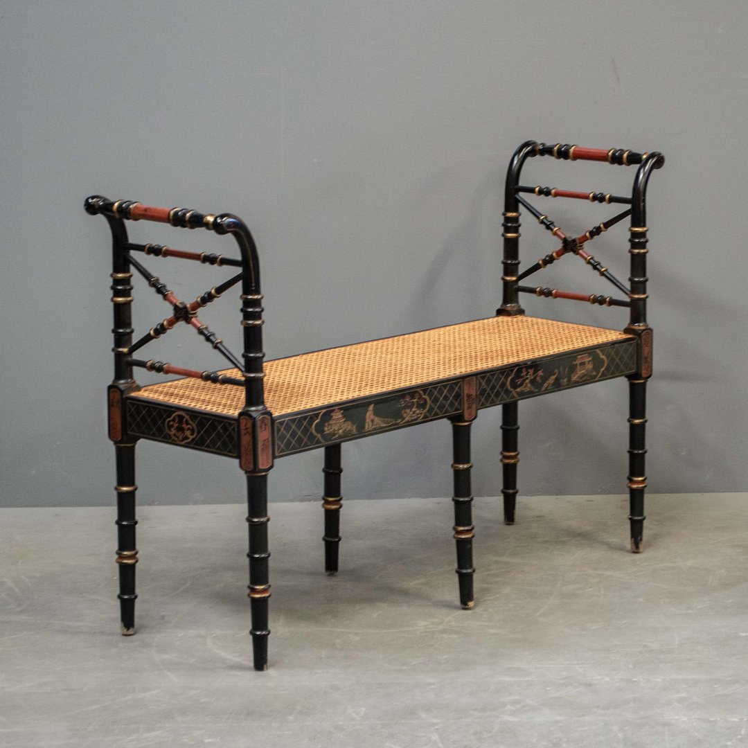 Red & Black Turned Leg Chinoiserie Cane Seat Bench | DecorAsian ...